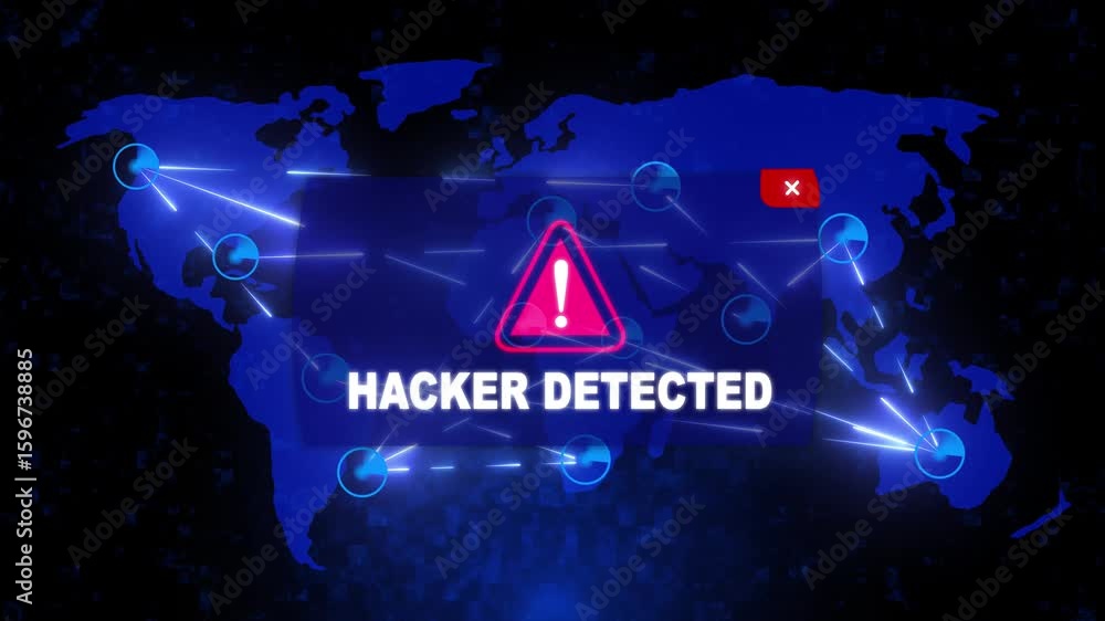 Hacker Detected Alert Warning Message Attack on World map. Wire frame ...