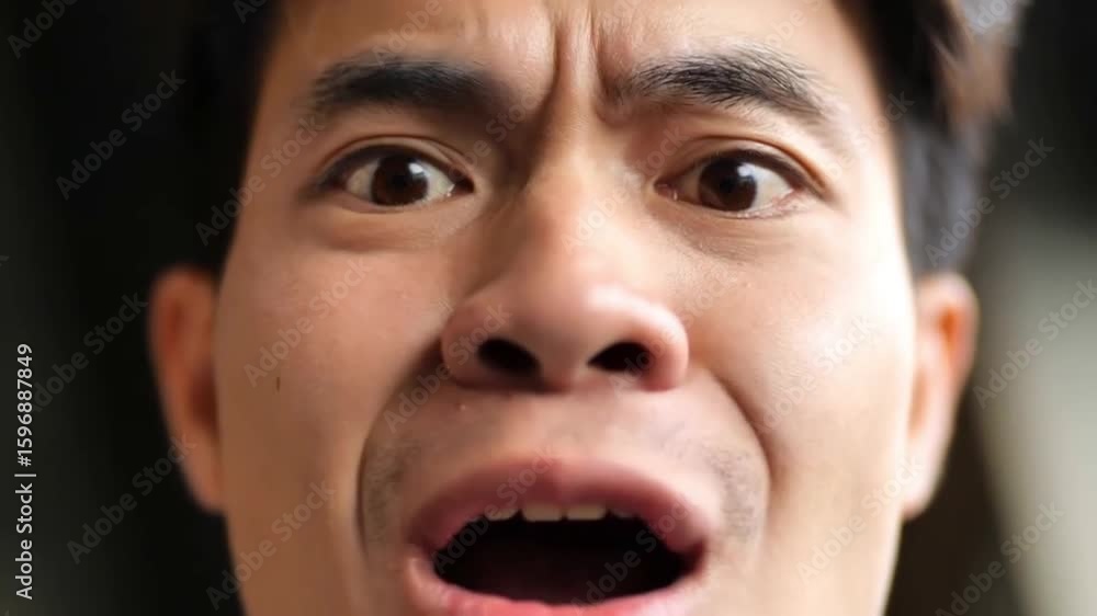 Close-up portrait of a young man with a shocked, frightened expression ...
