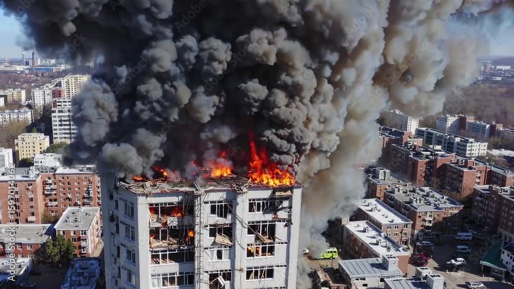 Massive fire engulfs high-rise building in urban area causing significant damage and destruction ...