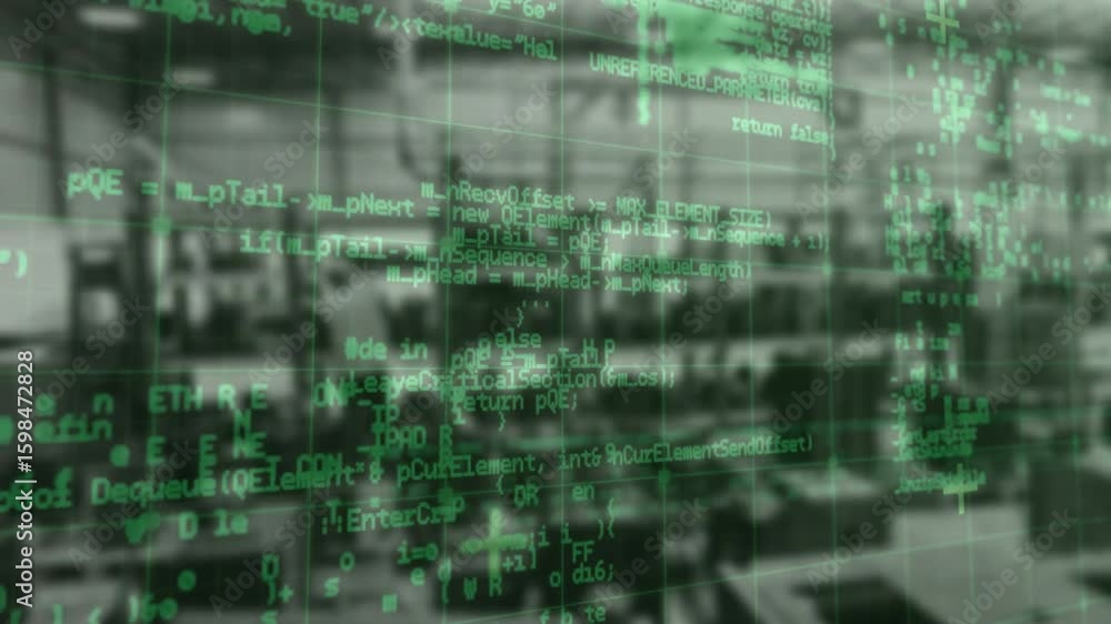 System initializing green grid overlay revealing industrial warehouse ...