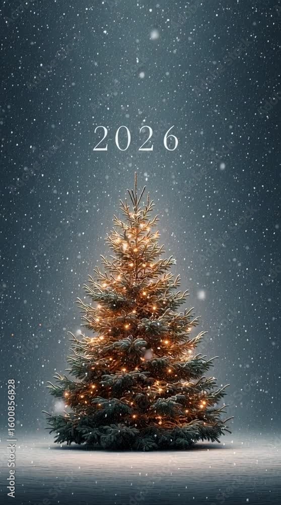 Christmas tree lit with red lights in snowy night forest, 2026 ...