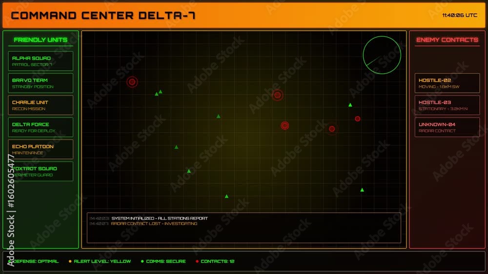Military command center interface animation. Tactical map with radar ...