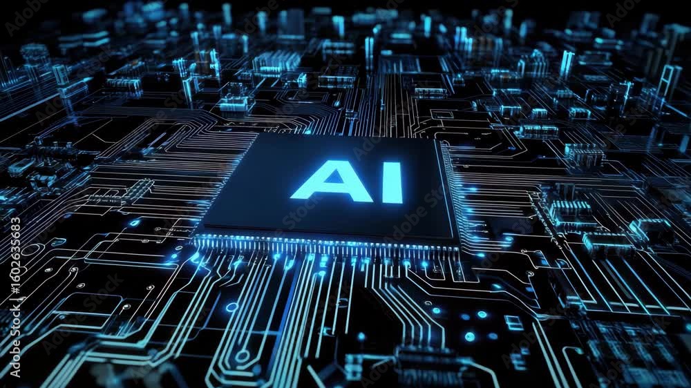 Artificial intelligence chip glowing futuristic circuit board with blue ...