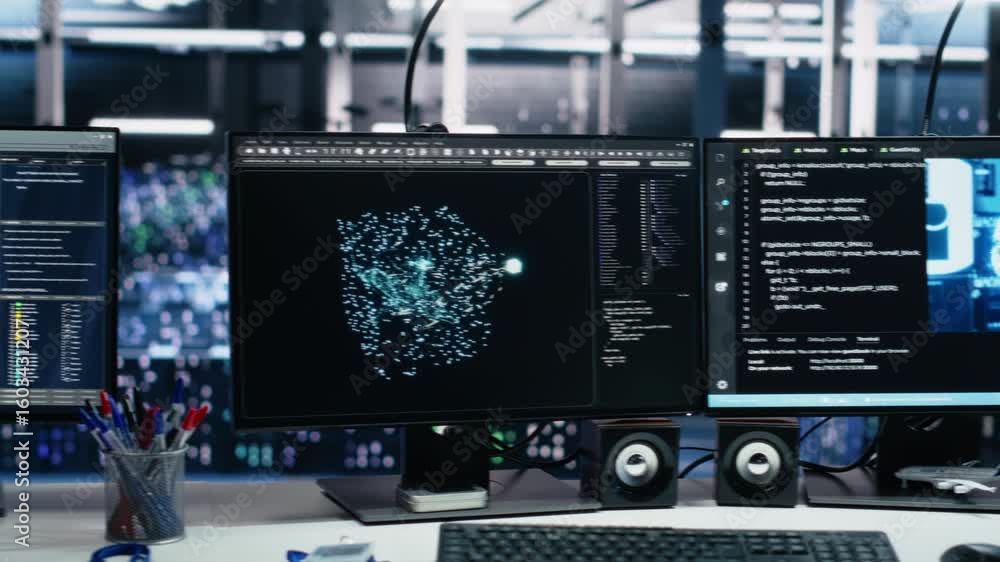 Vidéo Stock Server room PC screens tracking mainframes processing large ...