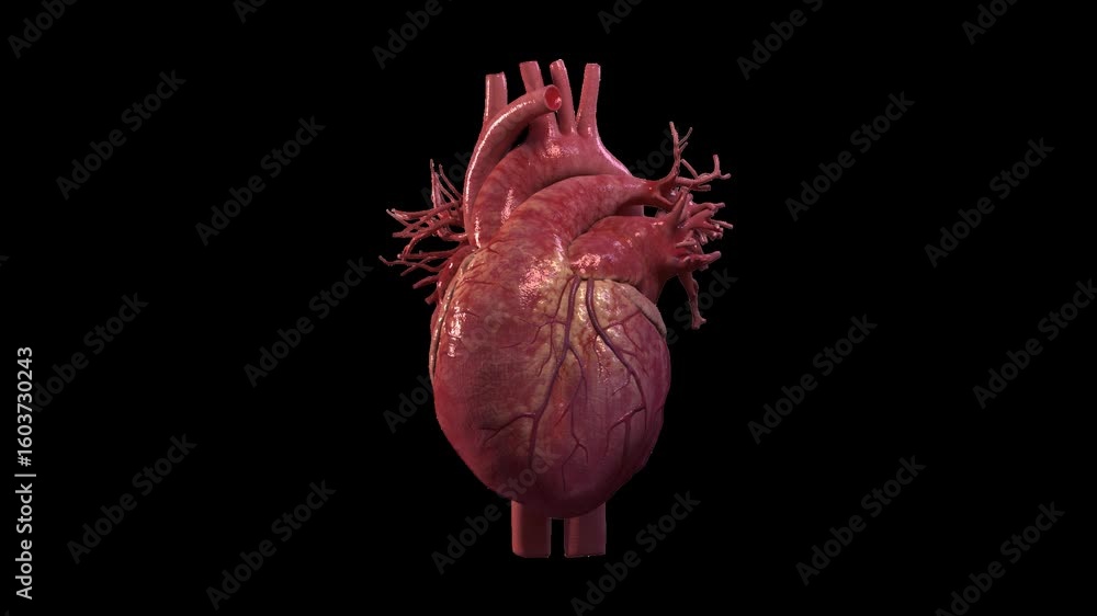 Realistic human heart model rotating on a transparent black background ...