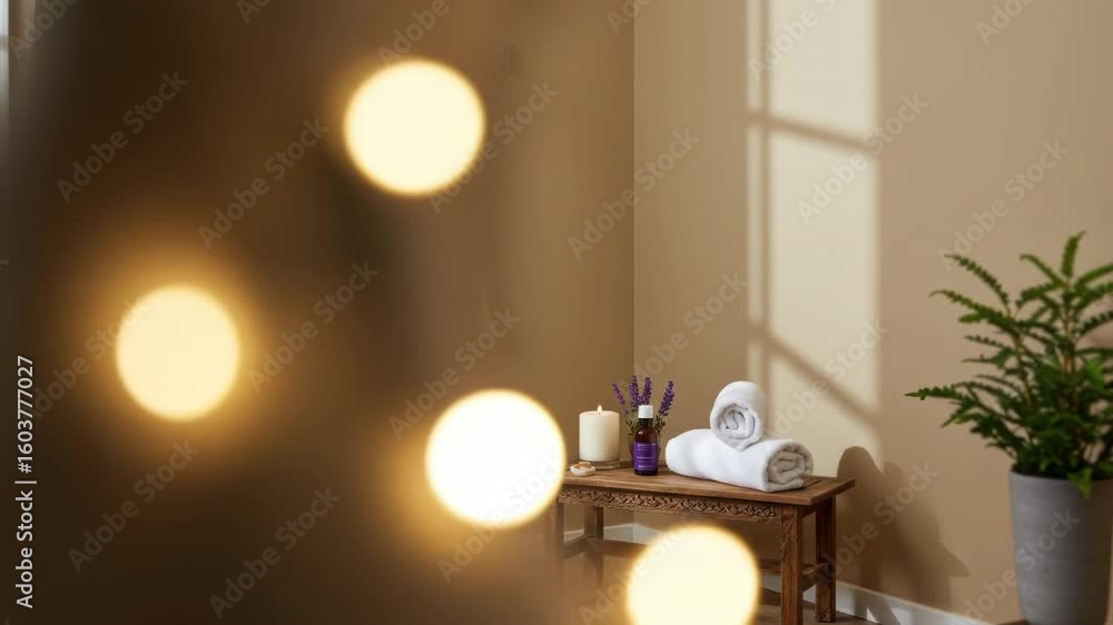 A spa scene displays a robe, table with towels, candle, oil, lavender ...