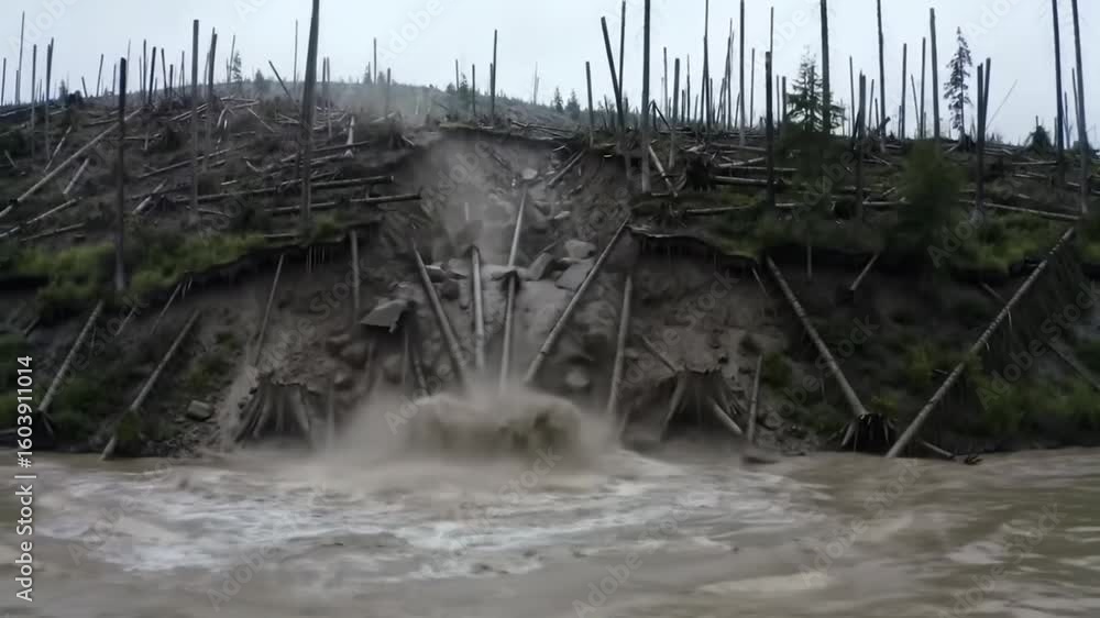 Devastating Landslide Trees Collapse into River Showing Environmental ...