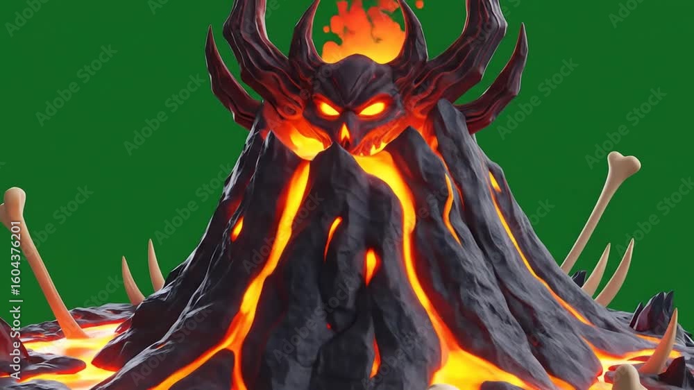 Fiery Demonic Volcano with Skulls and Bones Erupting with Lava and ...