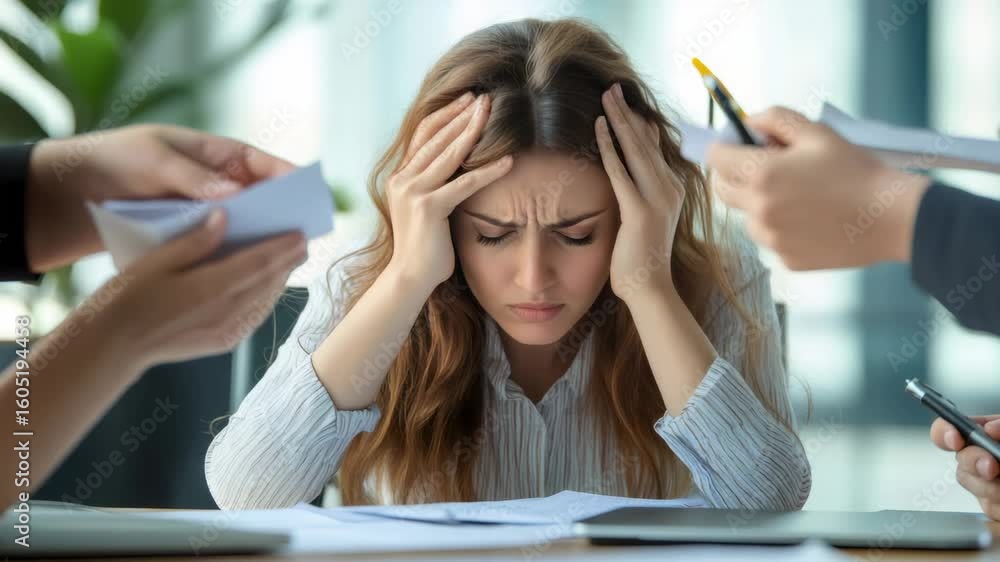 Office worker experiencing intense work related stress. Struggling with ...