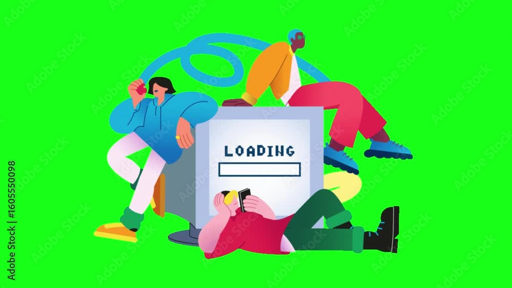 Animated Illustration of Diverse Characters Relaxing Around Loading Screen Display on Green ...