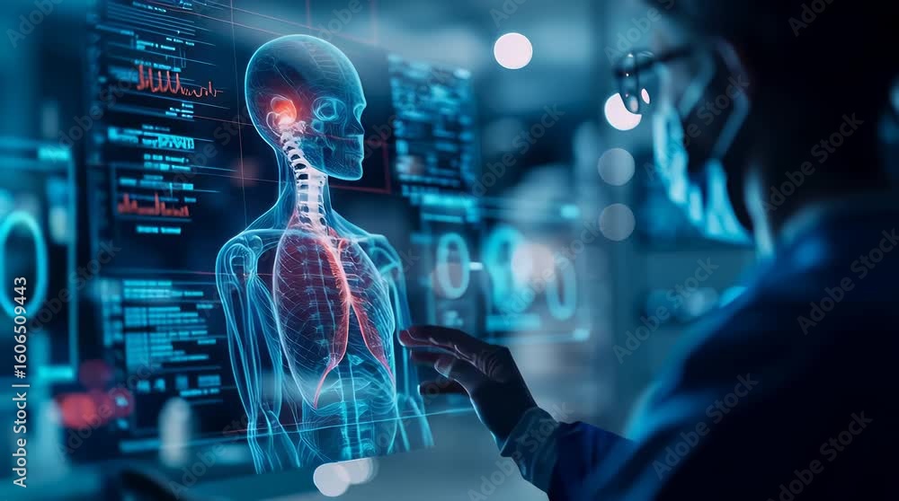 A doctor carefully examines a virtual x-ray projection with focused ...