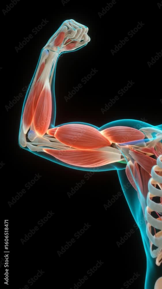 Dynamic 3D animation illustrating the intricate human arm muscle and ...