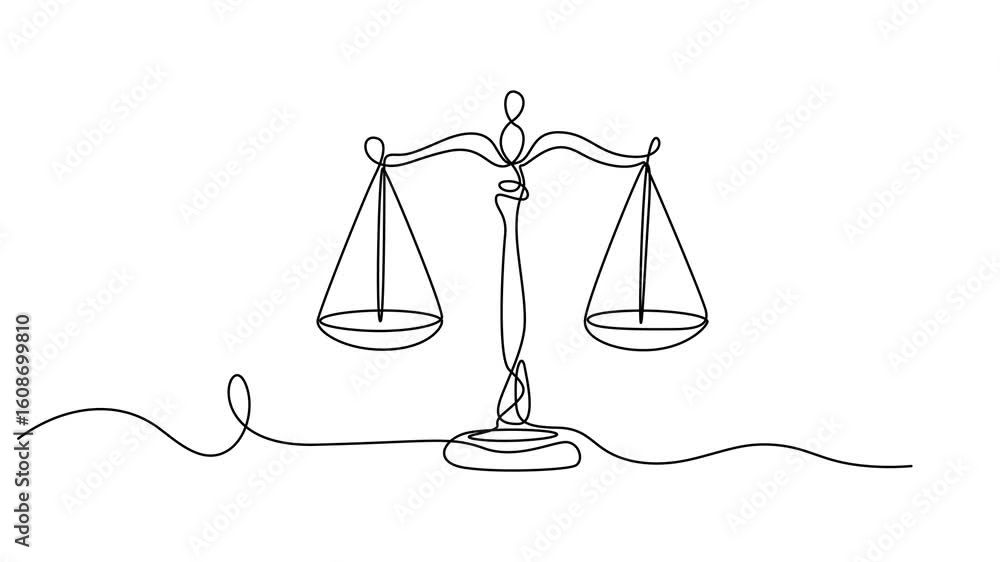 Self drawing line animation scales of justice courtroom continuous one ...