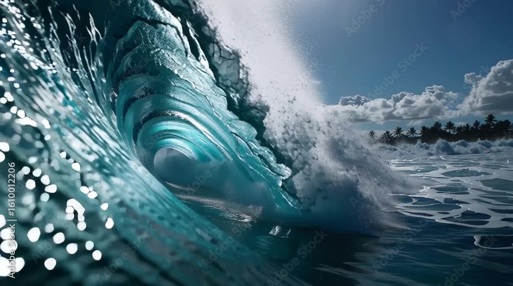 tropical ocean view with long, rhythmic pumping waves cresting and ...