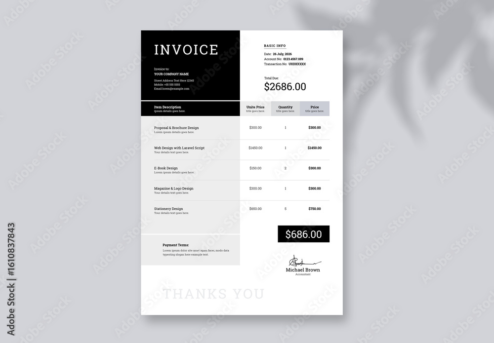 Simple Invoice Layout with for Business Billing Stock Template | Adobe ...
