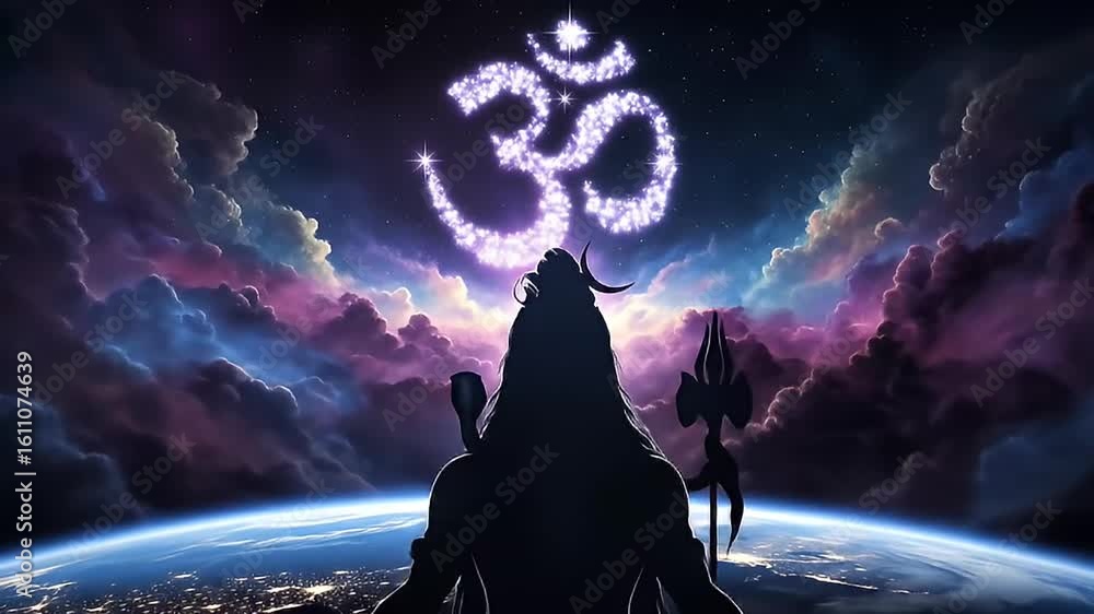 Lord Shiva silhouette with OM symbol glowing in cosmic clouds, perfect ...