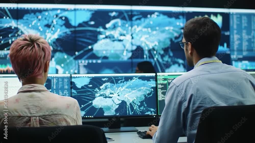 Two individuals monitor multiple computer screens displaying world maps ...
