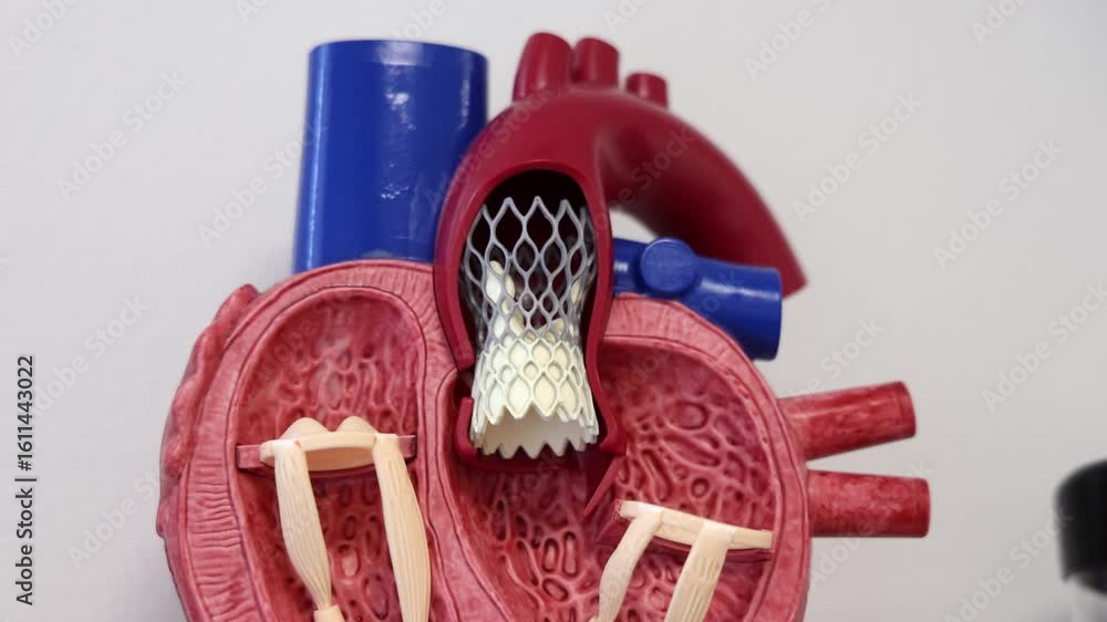 Cross-section heart model with mechanical valve implant showing ...