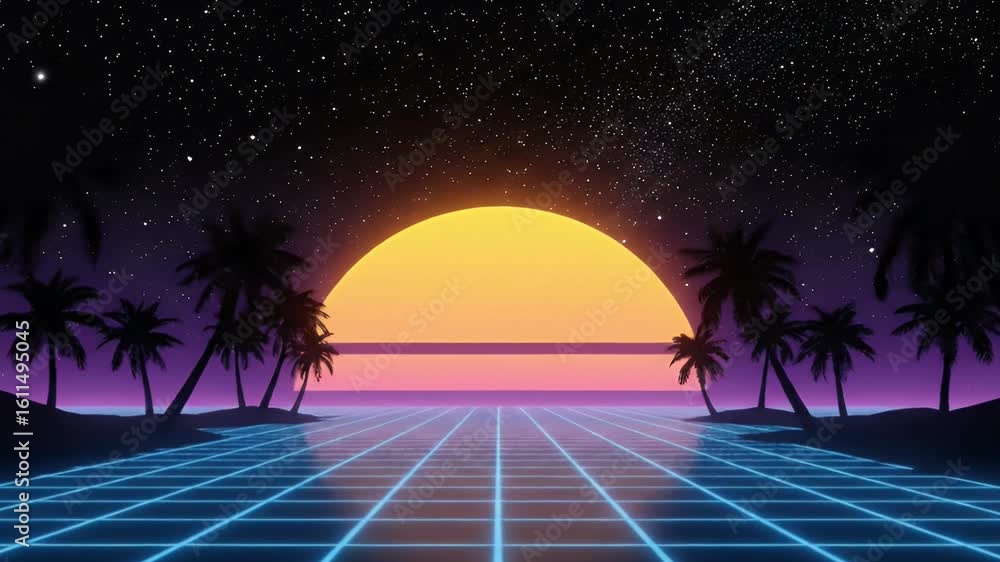 Retro Synthwave Outrun Sunset Beach Scene with Neon Grid Silhouetted ...