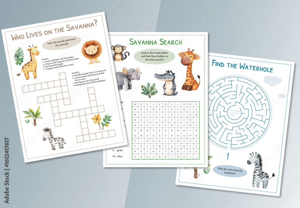 Kids Activity Worksheet Set Savanna Theme Stock Template | Adobe Stock