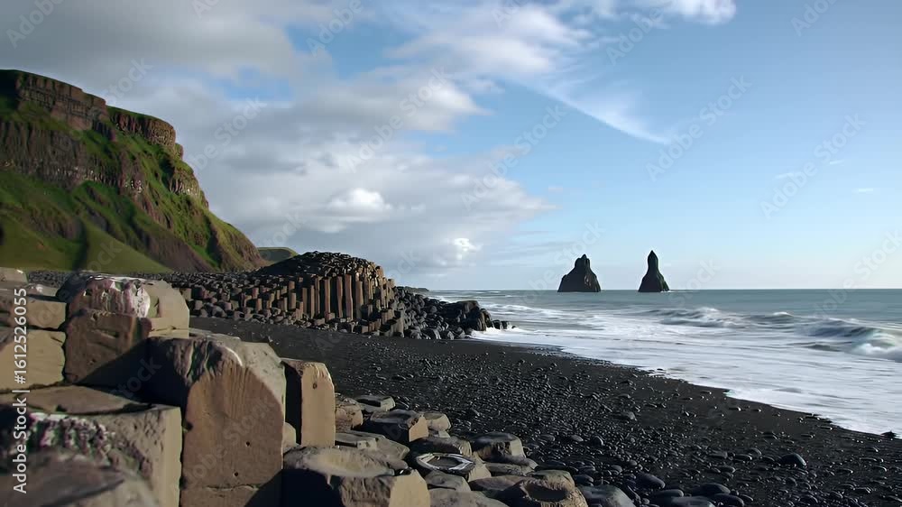 Dramatic Basalt Columns and Black Pebble Beach with Blue Sky and ...