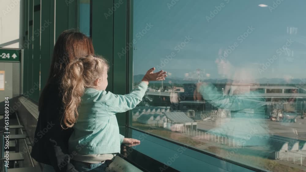Slow motion of a mother and daughter waving goodbye at the airport ...