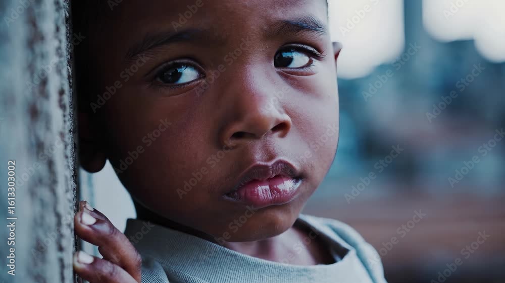 Child leans close to wall. Boy looks sideways with sad eyes. Kid holds ...