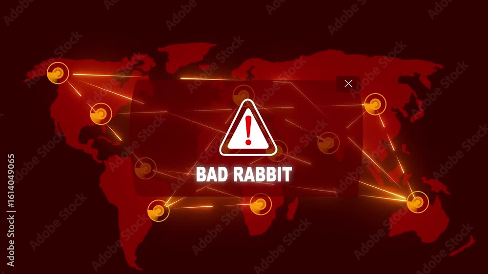 Bad Rabbit Alert Warning Message Attack On World Map Wire Frame Radar Network Seamless Loop