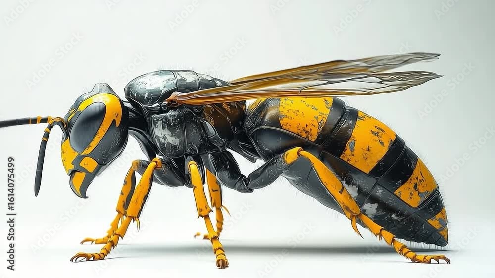 Yellow and black wasp is shown in a close up. The wasp is laying on its ...
