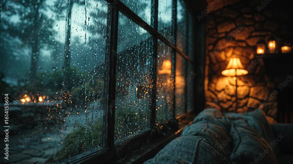 Cozy scene of a window with raindrops and a lamp in the room. The room ...