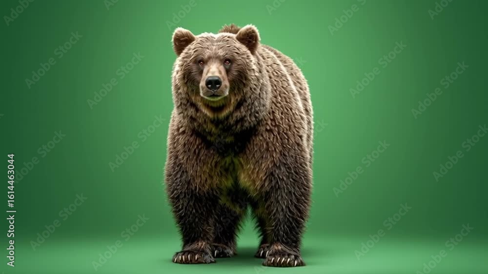 Brown bear standing upright in front of a green background looking at ...
