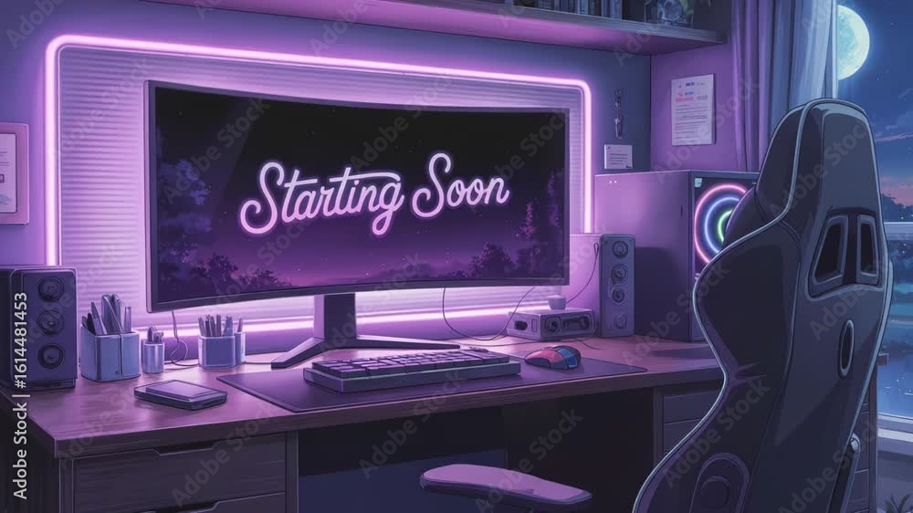 Gamer's Purple Paradise: Starting Soon Stream Setup. Stream starting ...