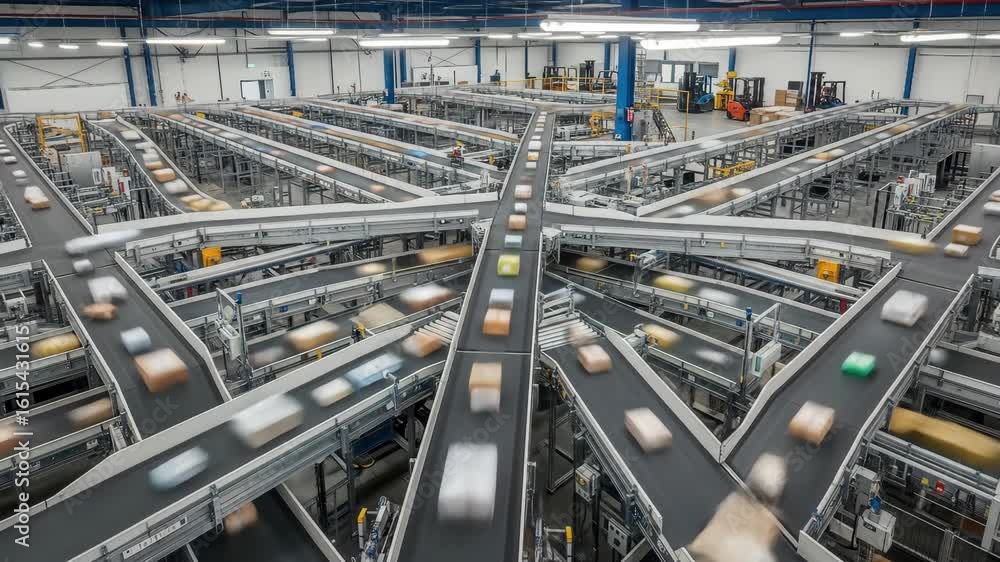 In a vast distribution center, multiple conveyor belts transport ...