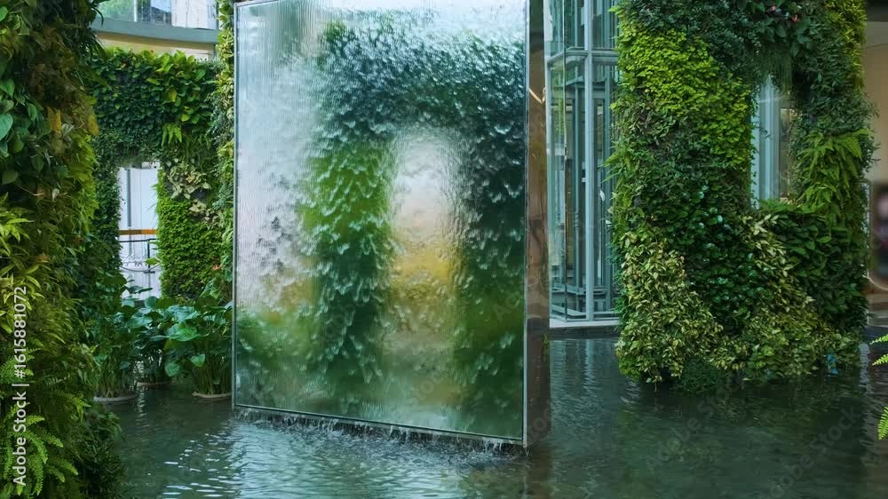 Biophilic design installation with indoor waterfall and lush vertical ...