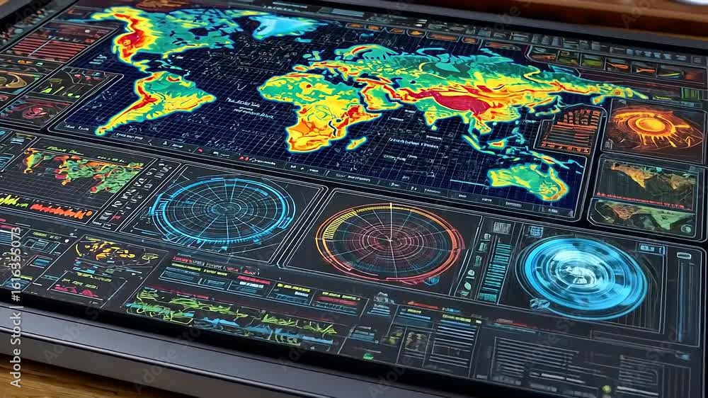 Futuristic World Map Display: A stunning digital artwork featuring a ...