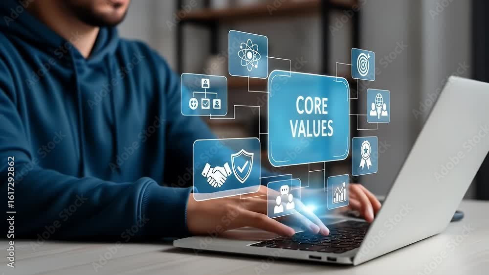 Business core values and corporate culture concept. Person using laptop ...