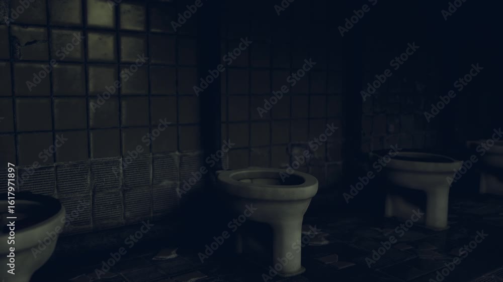 Three worn toilets sit unused in a dark corridor. The walls show signs ...