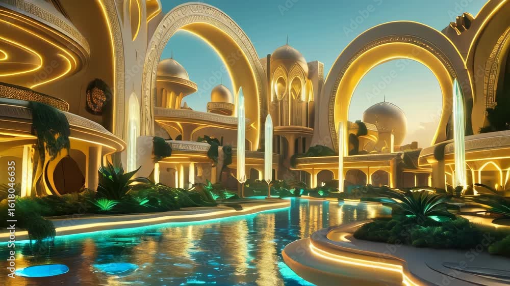 grand, futuristic palace with sweeping arches, floating terraces ...