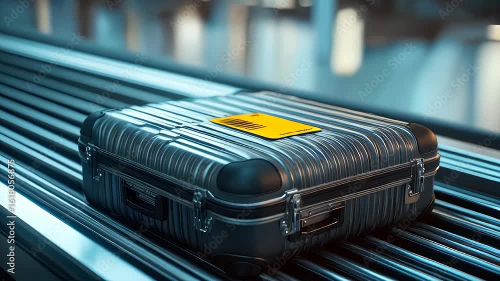 video of A top-down view of a metal hard-shell suitcase with a yellow ...