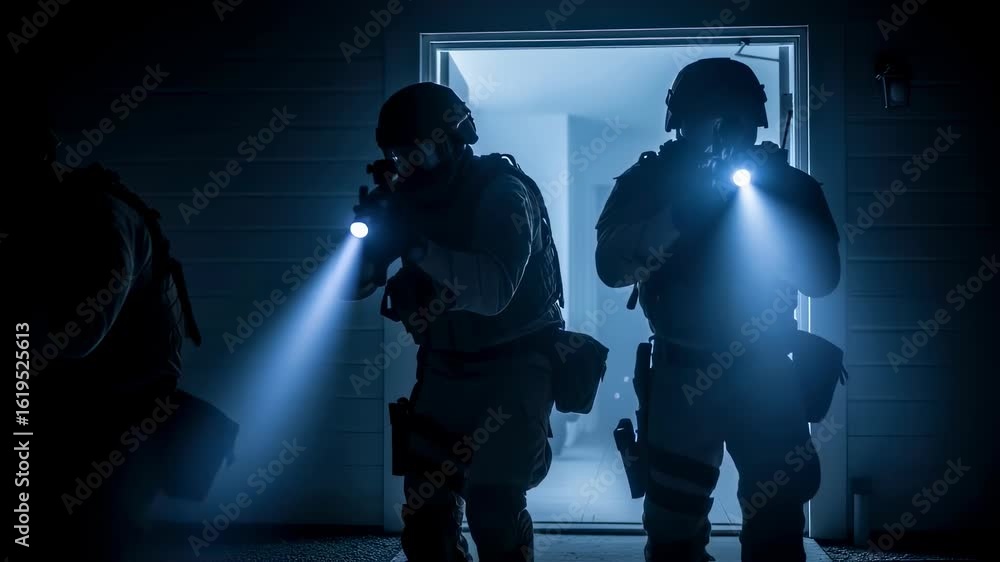 Special forces soldiers with tactical gear and rifles entering a ...