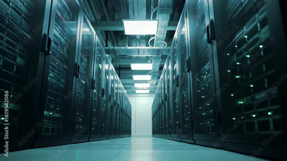 Server Room Featuring Rows of Black Server Racks and Cool White ...
