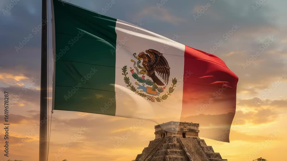 Mexican flag waving near the Mayan pyramid of Chichen Itza under a ...