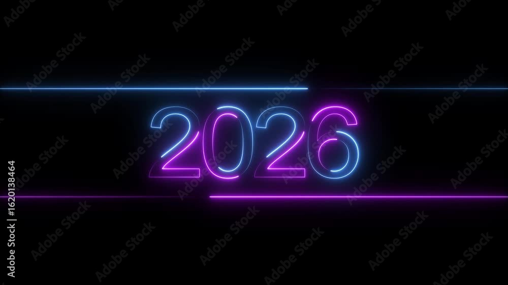 New Year 2026 animation. 2026 number neon text black background ...