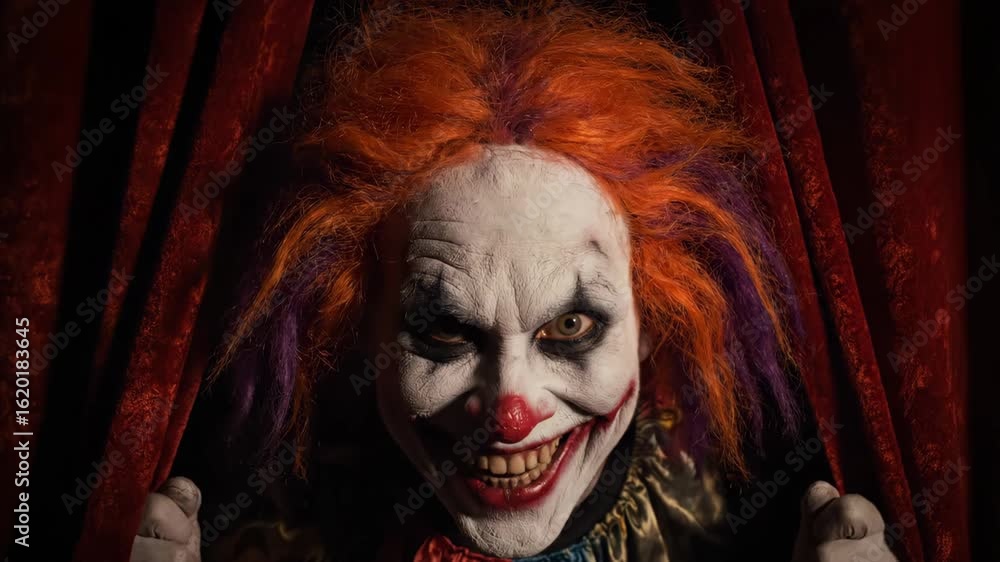 Mysterious Clown Behind Red Curtain. Scary tragicomic fun joker ...