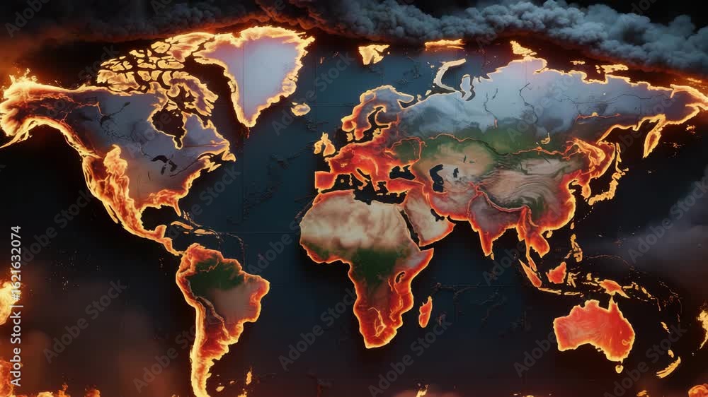 Global warming climate change concept world map burning earth fire ...