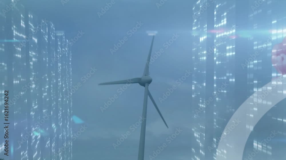 Foggy dusk framing wind turbine blade tilting starting rotation adding ...