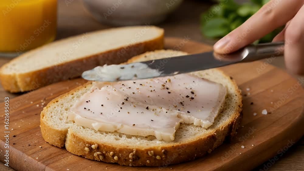 Close Up Hand Spreading Lard and Black Pepper on Slice of Bread at Eye ...