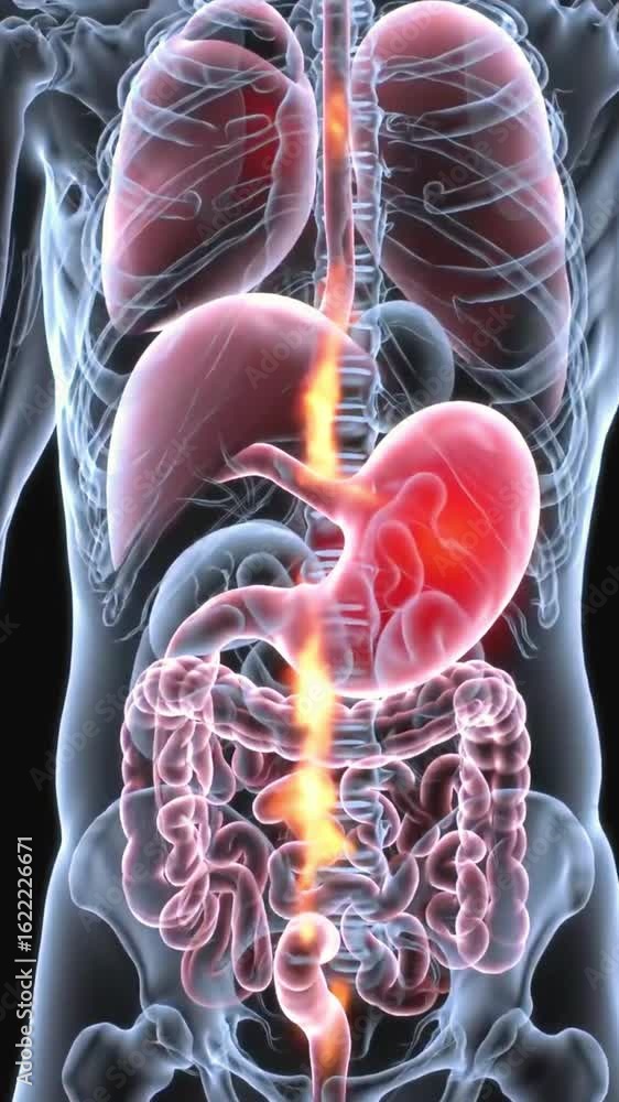 Stomach pain video animation showing digestive system anatomy with ...