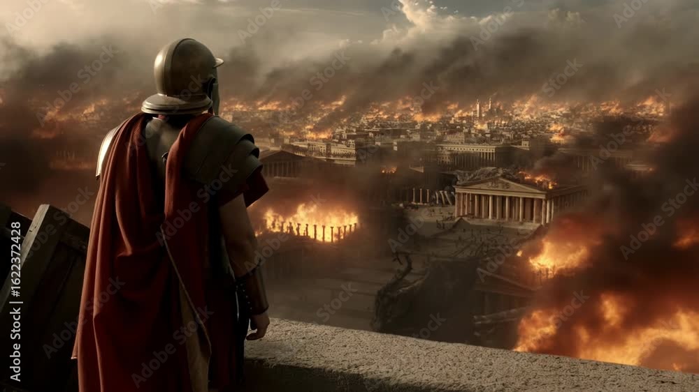 Roman soldier watching ancient city engulfed in flames with destruction ...
