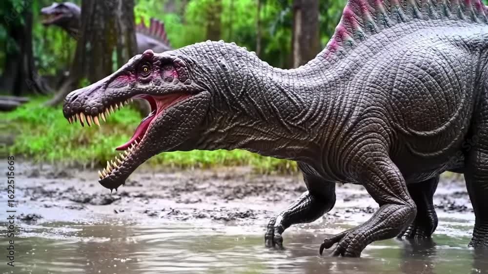 Roaring Spinosaurus with Neck Stretched Forward in Muddy Water with ...